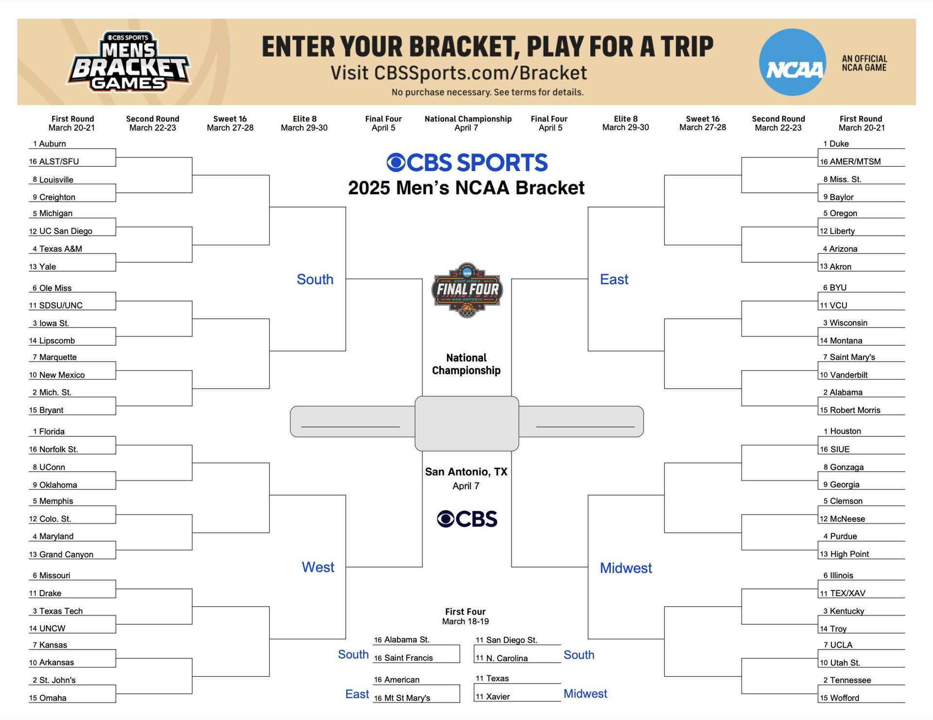 Here's A Printable 2025 NCAA Tournament Bracket - The Spun